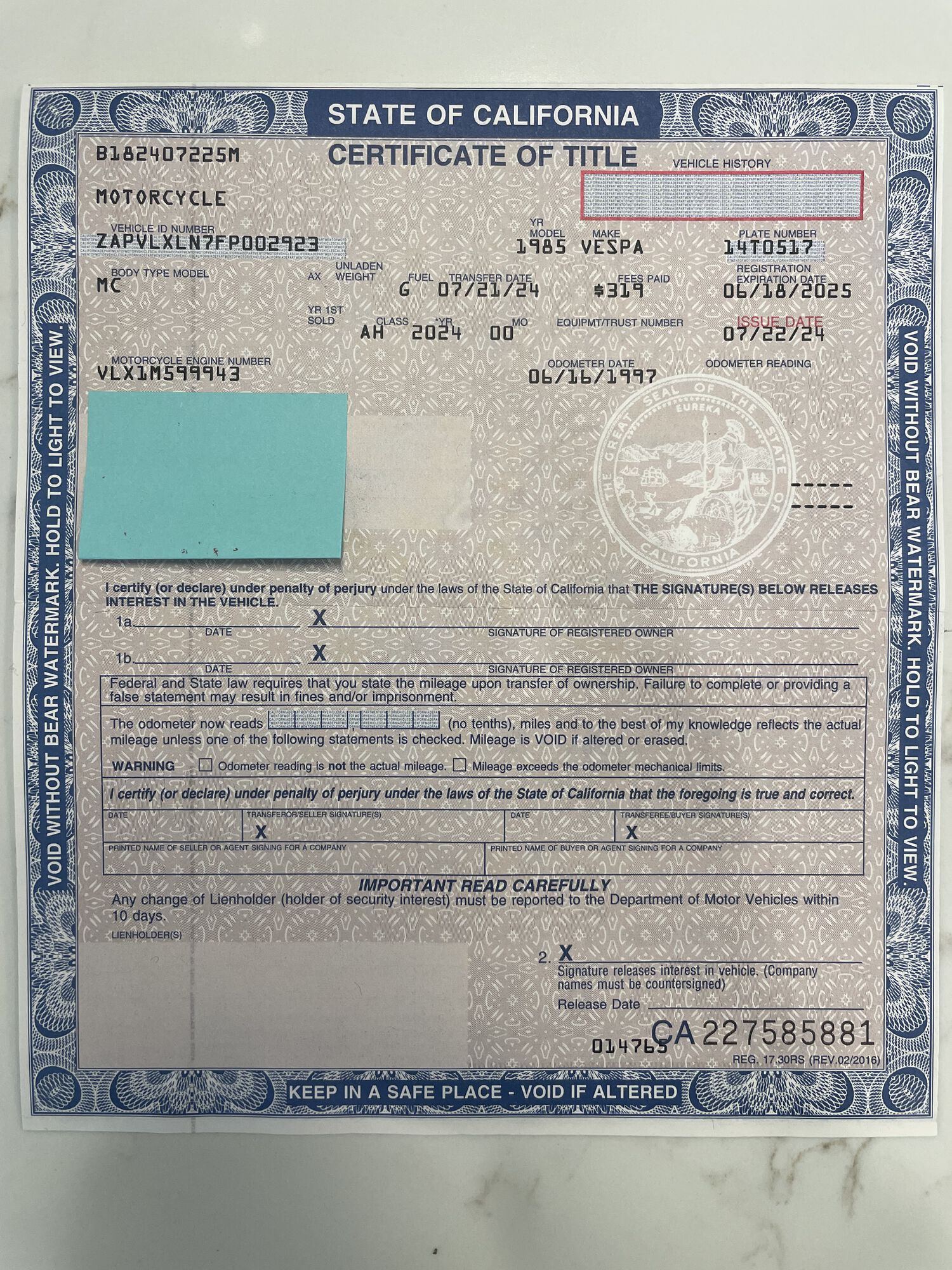 Modern Vespa : CA DMV salvage