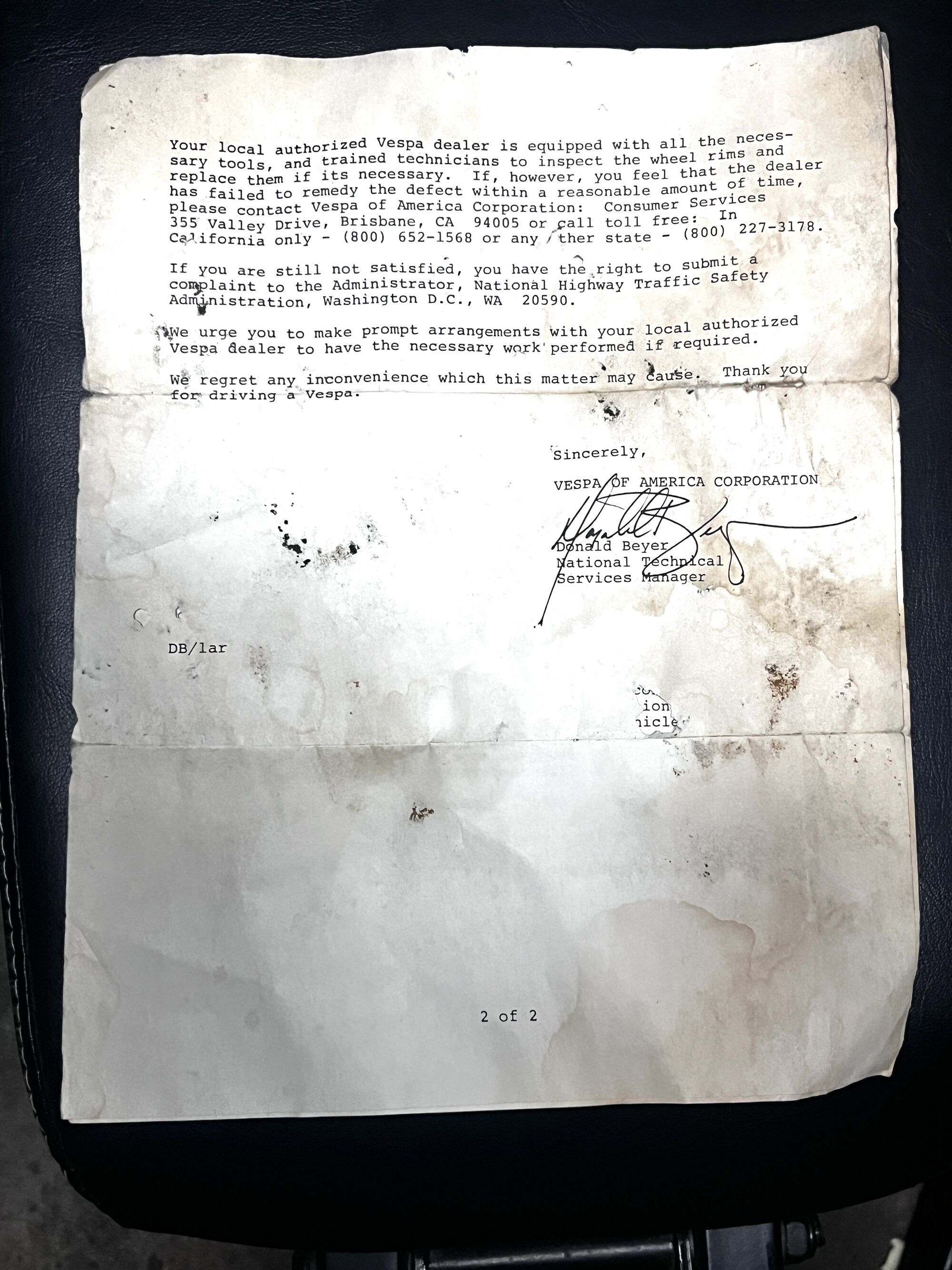 Modern Vespa : Vespa of America original recall letter